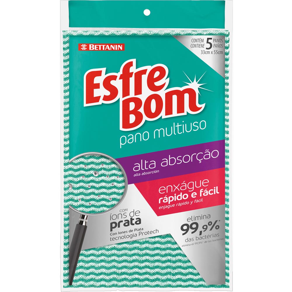 Pano Multiuso Verde Esfrebom Bettanin 33x55cm 5 Unidades | Tenda Atacado